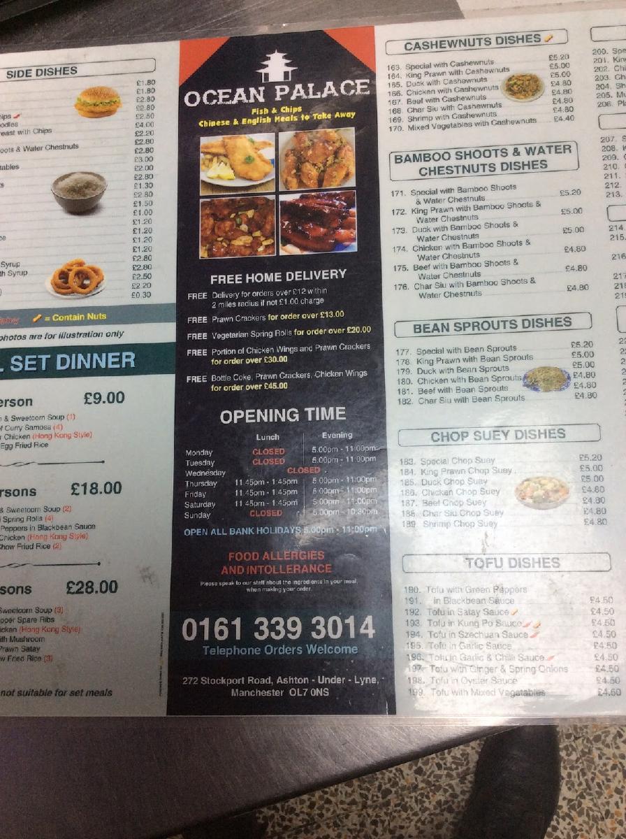 Menu at OCEAN PALACE Chinese Takeaway restaurant, Ashton-under-Lyne ...