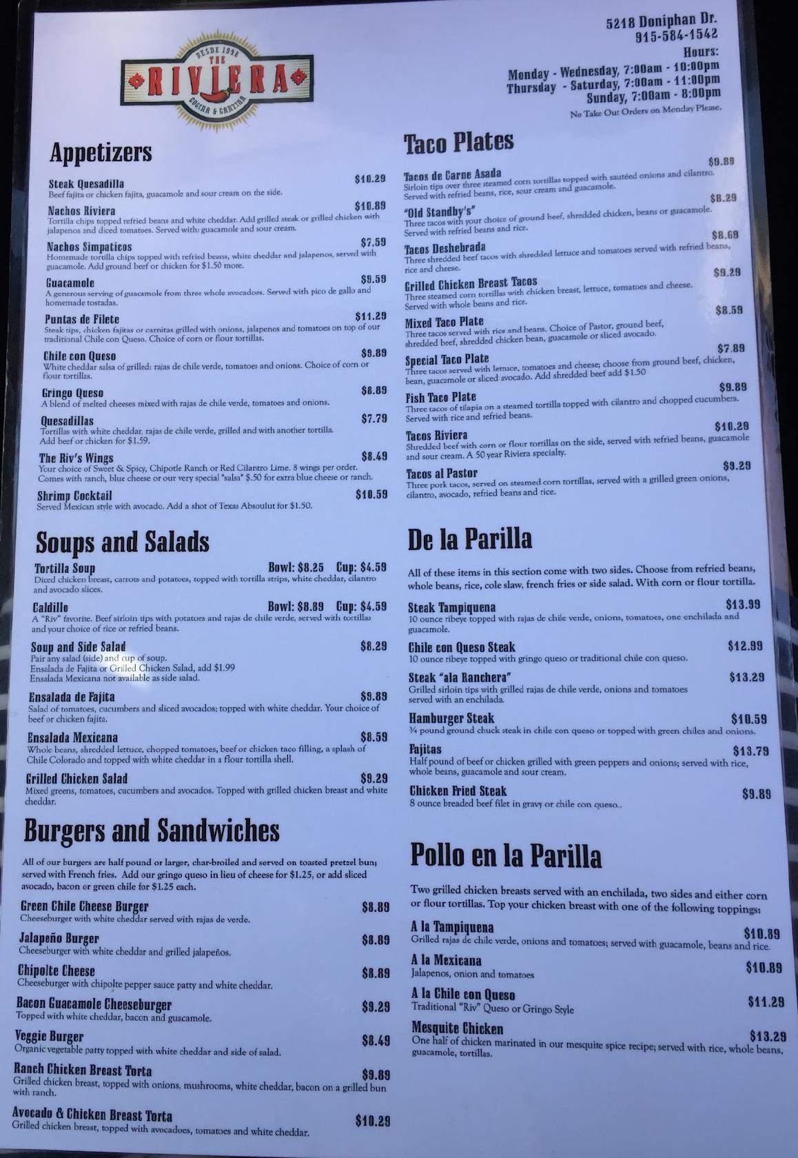 Menu at The Riviera Cocina & Cantina pub & bar, El Paso