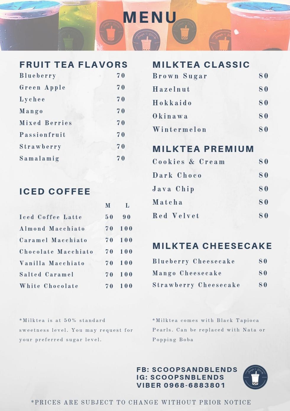 Menu at Scoops and Blends cafe, Parañaque