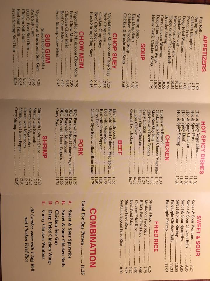 Menu at Sunshine Chinese Family Restaurant, Bluewater