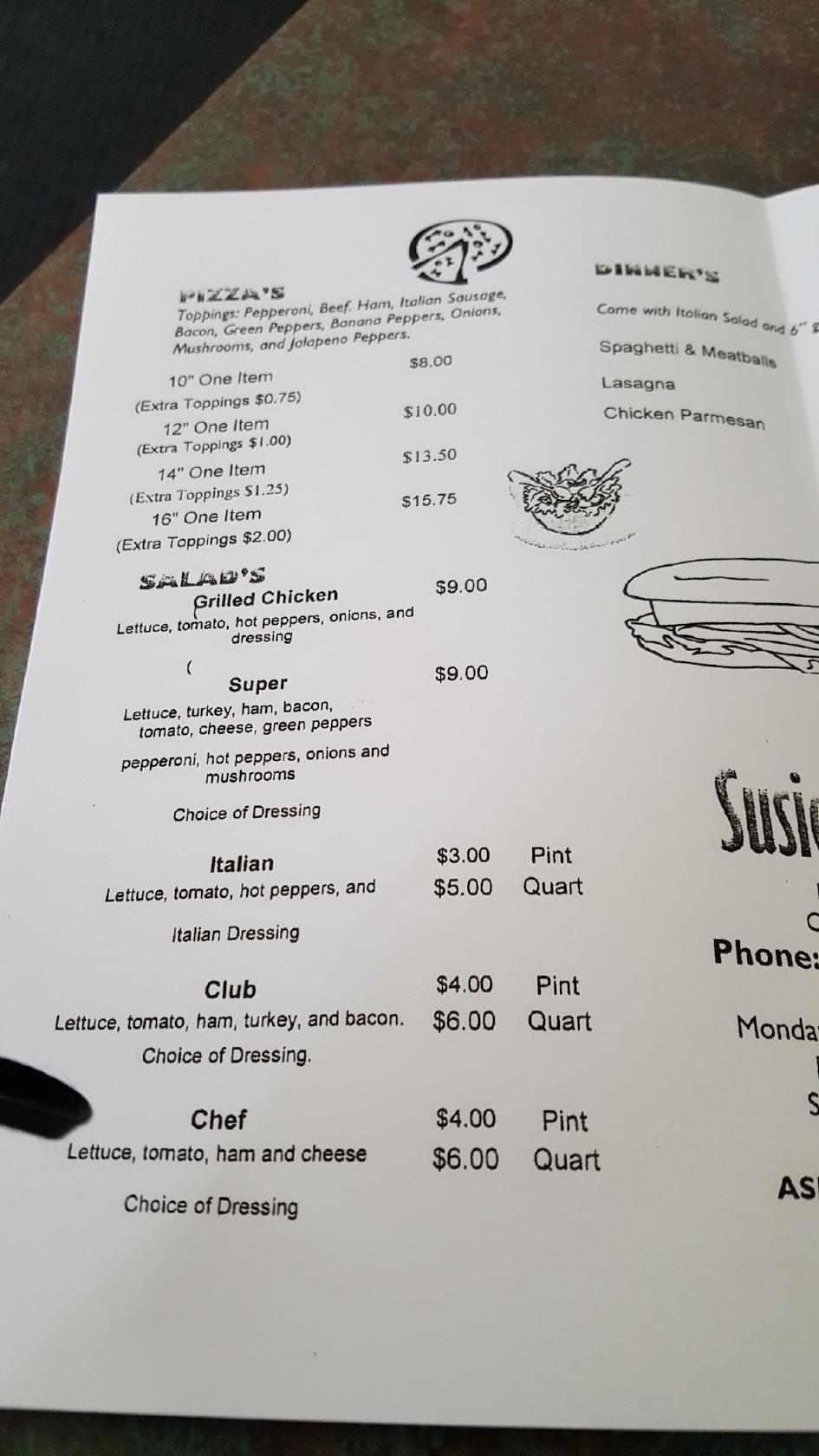Menu at Susie's Sub Shop pizzeria, Columbus, Karl Rd