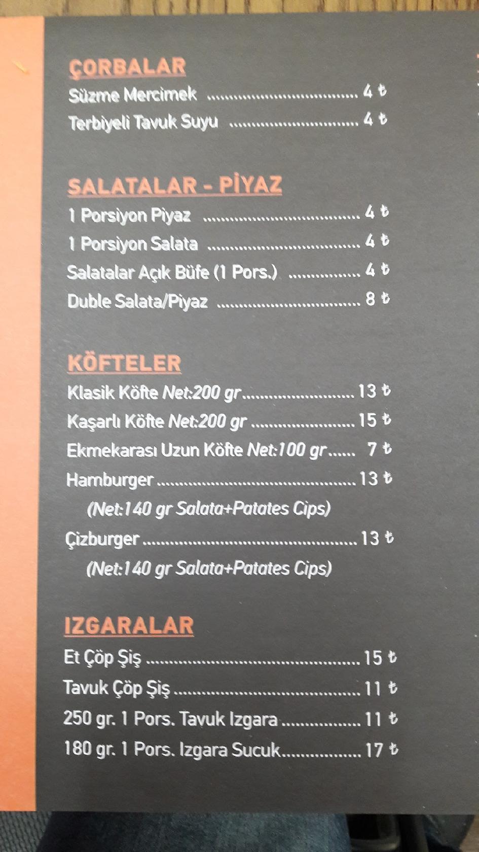 Menu at Tam Tam Kofte, Istanbul