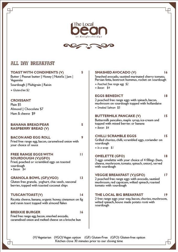 Menu at The Local Bean at Knightsbridge cafe, Castle Hill
