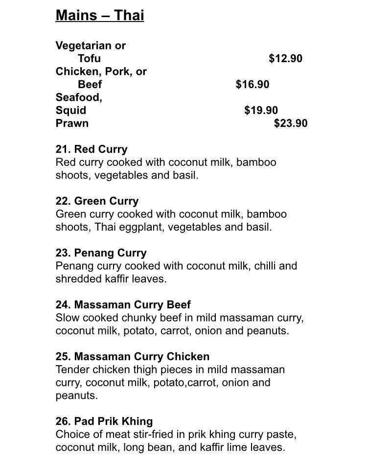 Menu at At Home Thai Restaurant, Wangaratta