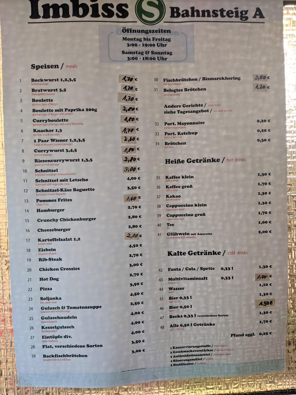 Speisekarte von Imbiss S Bahnsteig A pub & Bar, Oranienburg