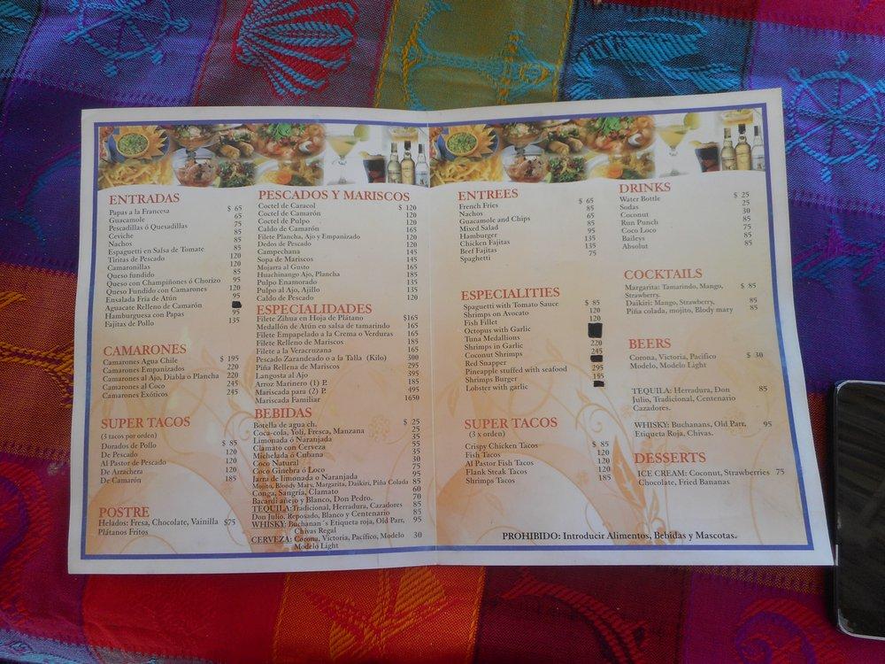 Menu at Restaurante Arena, Zihuatanejo