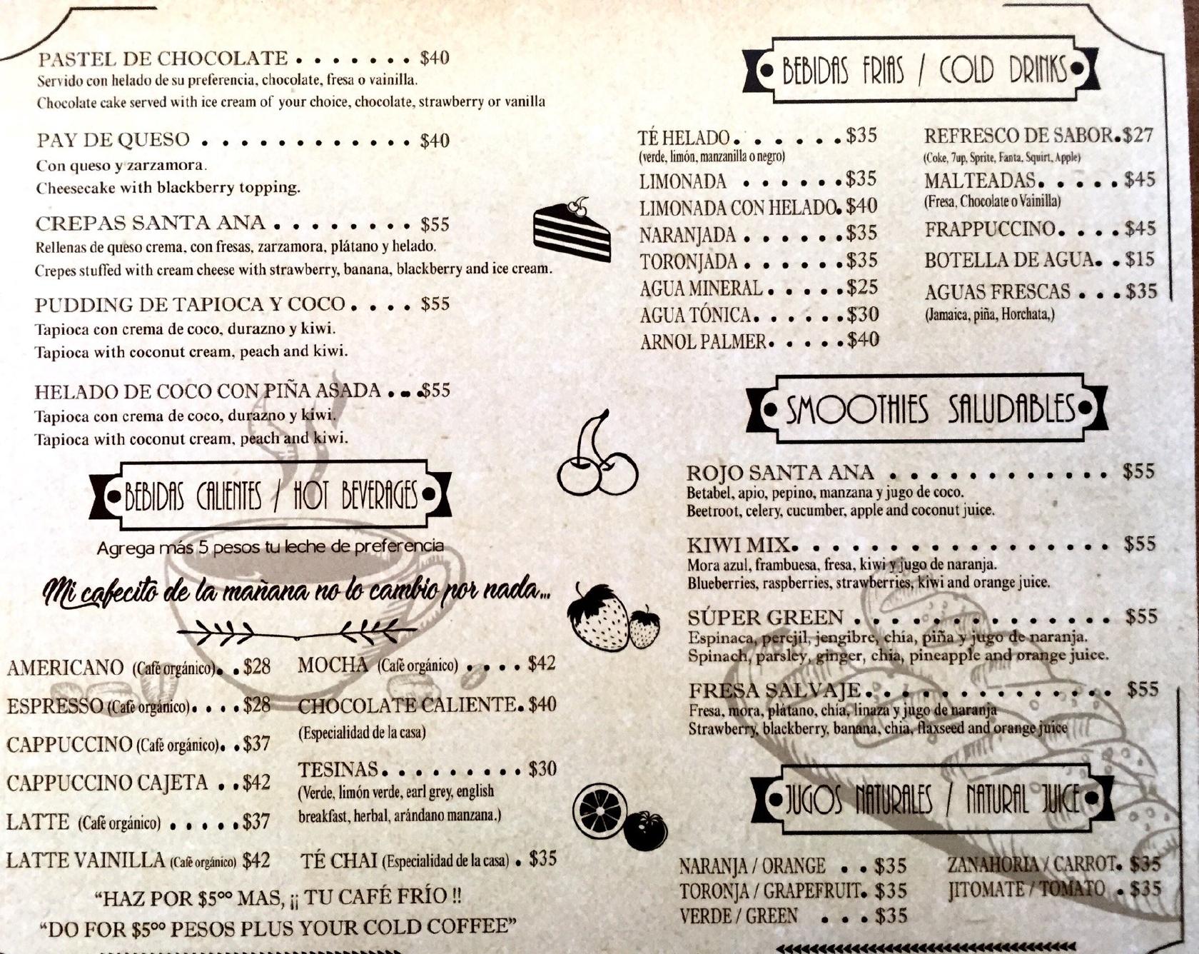 Menu at Santa Ana Cafetería, San Miguel de Allende