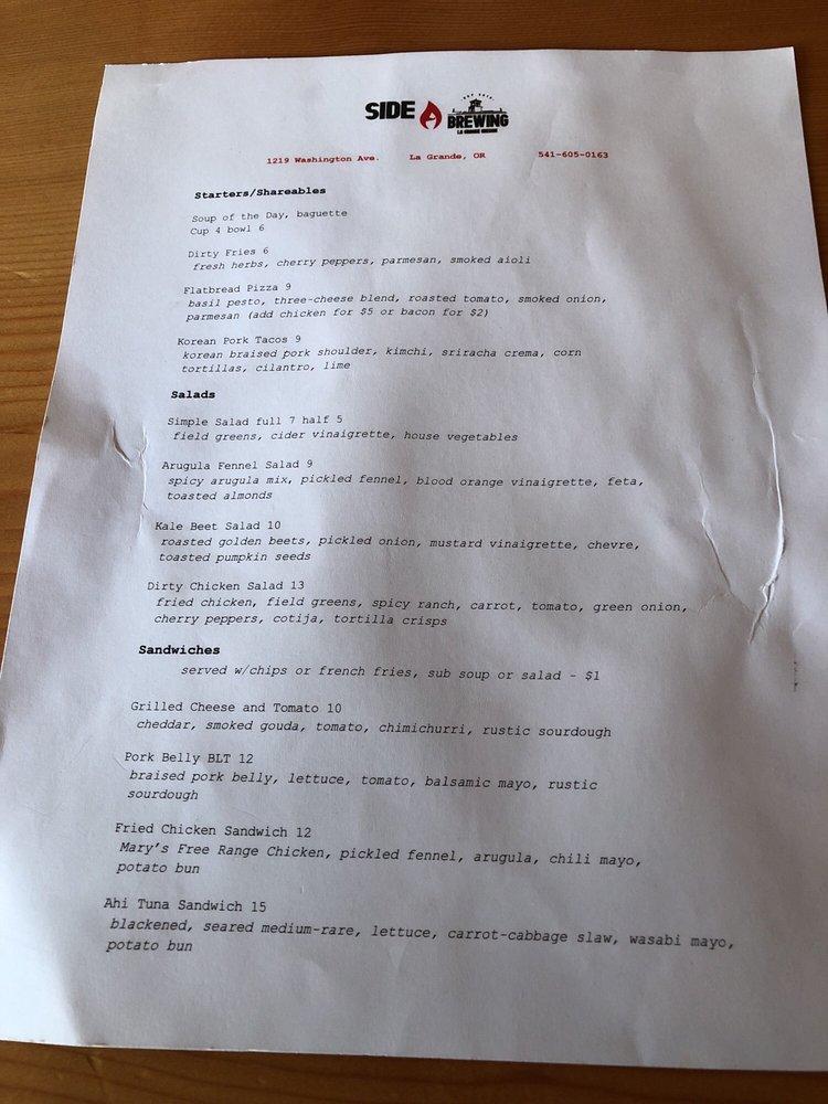 Menu at Side A Brewing pub & bar, La Grande, Washington Ave