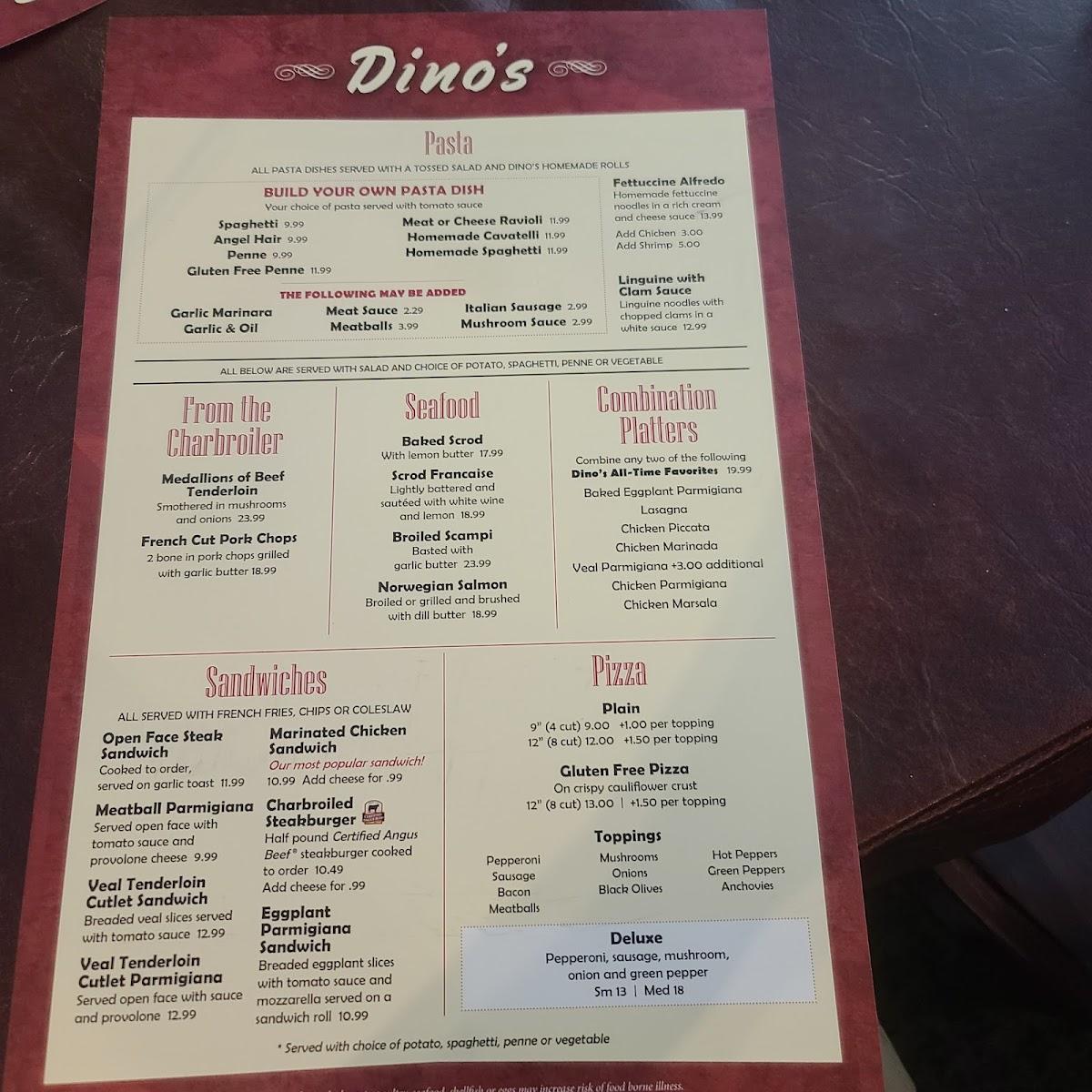 Menu at Dino's Restaurant, Willowick