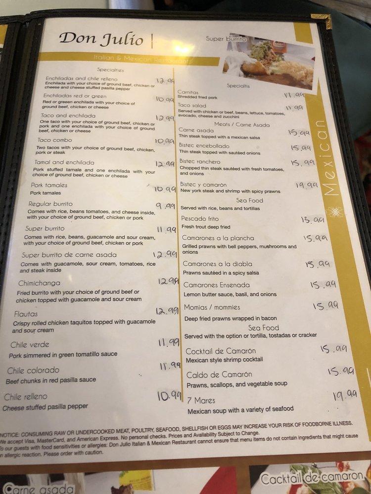 Menu at Don Julio restaurant, Fallon