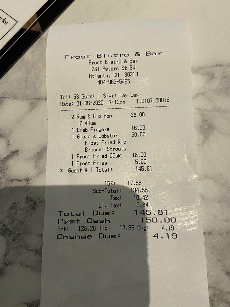 Menu at Frost Bistro pub & bar, Atlanta, 281 Peters St SW