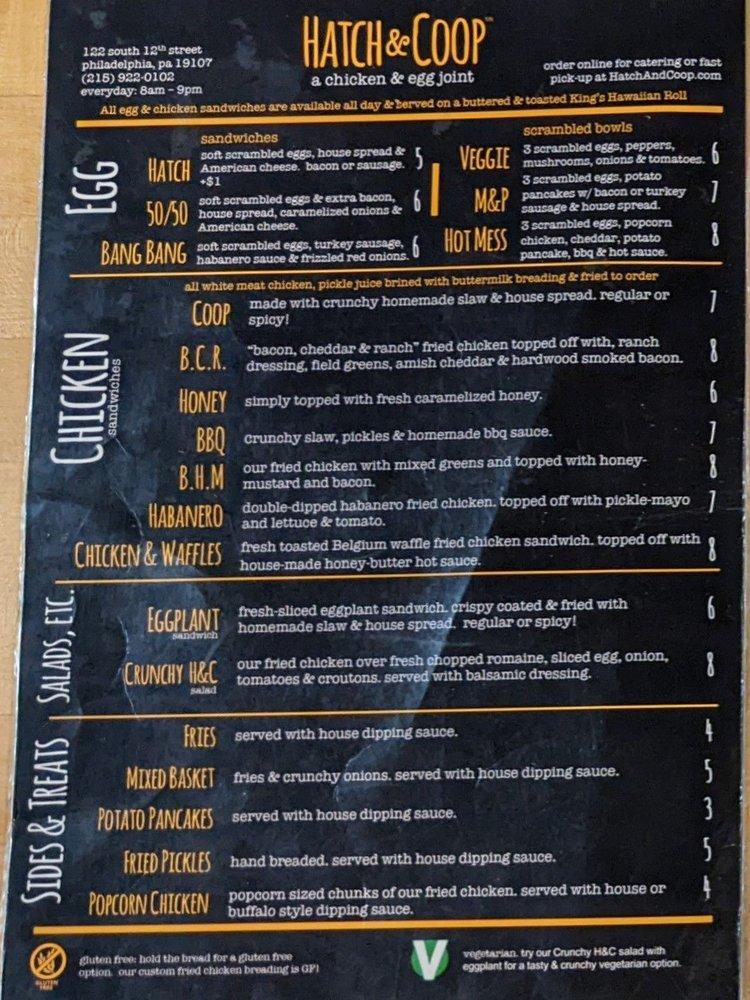 Carta del restaurante Hatch & Coop, Filadelfia, 122 S 12th St