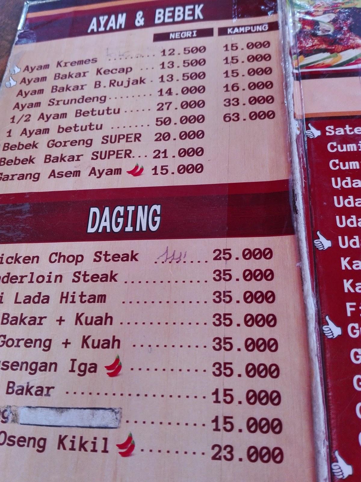 Menu at Kayu Manis restaurant, Kediri