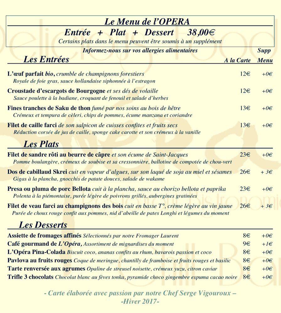 Menu at L'Opéra restaurant, Aix-en-Provence