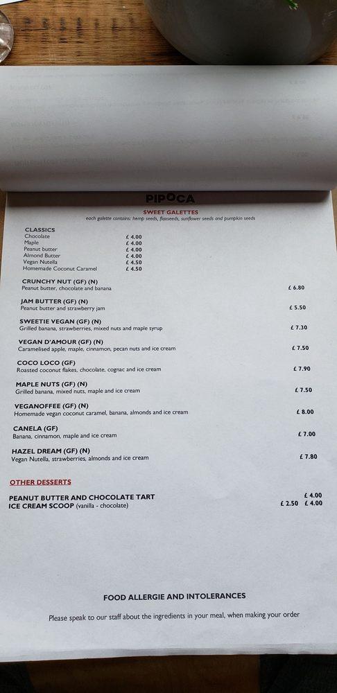 Menu at Pipoca Vegan restaurant, London
