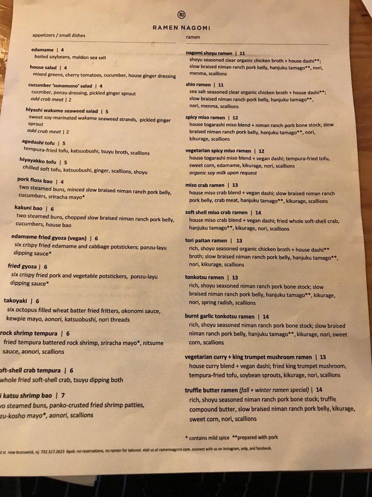 Menu at Ramen Nagomi restaurant, New Brunswick