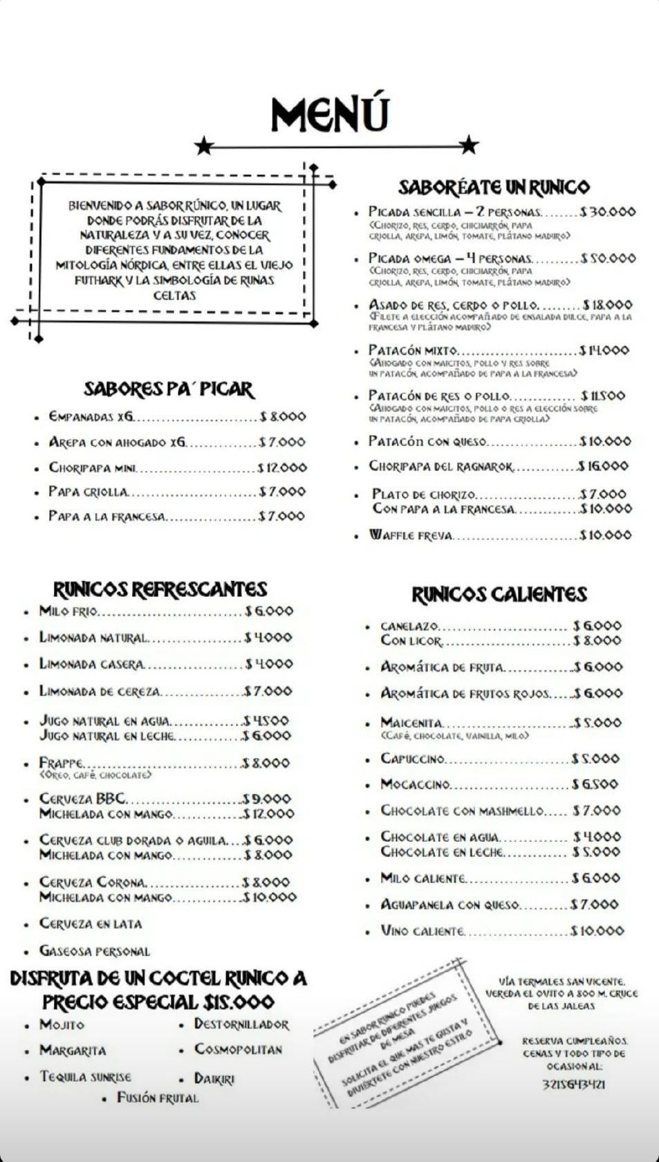 Carta del restaurante Sabor Runico, Santa Rosa del Cabal