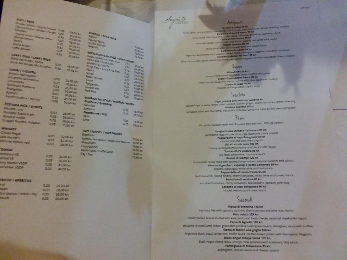 Menu at Segreto Pasta & Grill restaurant, Dubrovnik