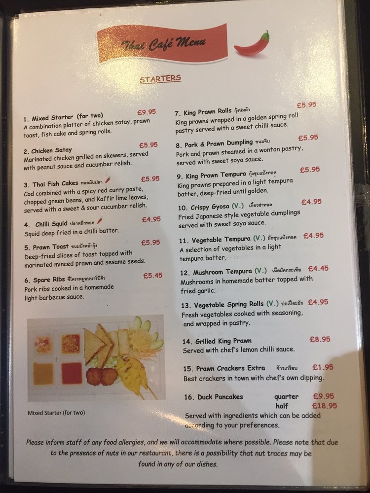 Menu at Thai Cafe, Kirkintilloch
