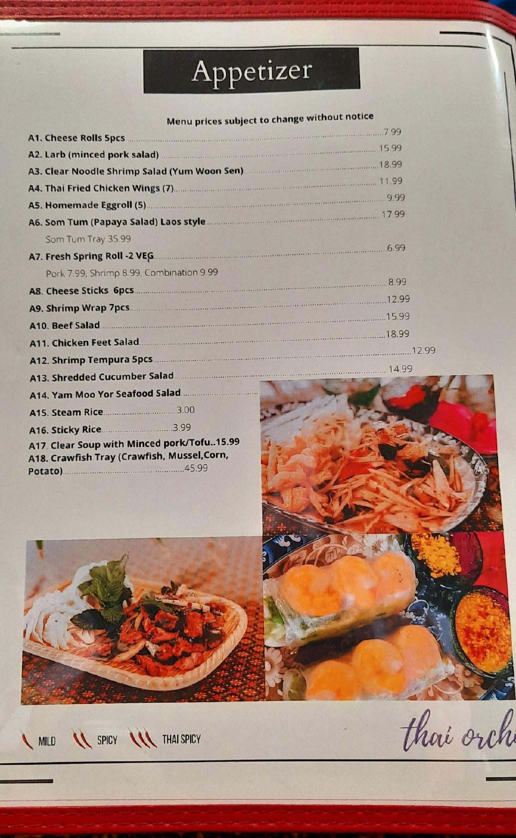 Menu at Thai Orchid Restaurant, Columbus