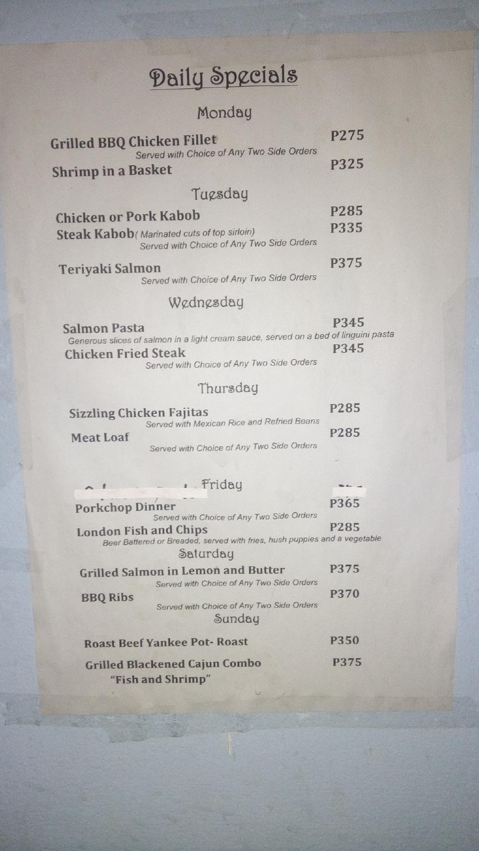 Menu at VFW Robert W. Zaher Post 2485 pub & bar, Angeles