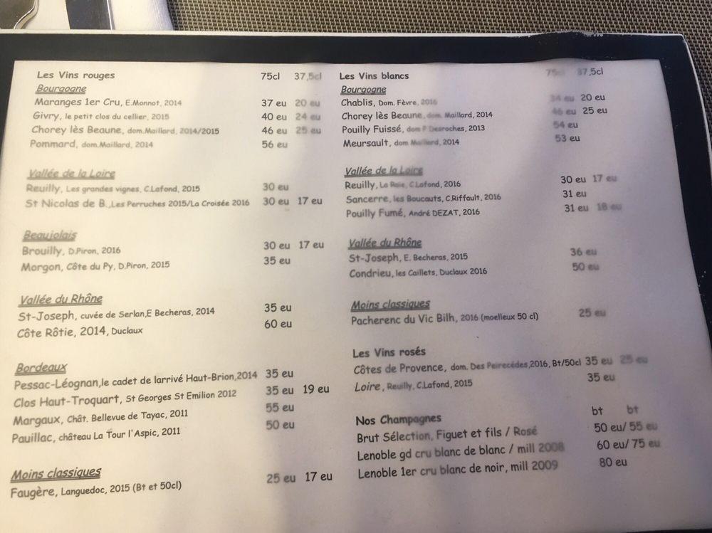 Menu at Chez Gabrielle restaurant, Paris