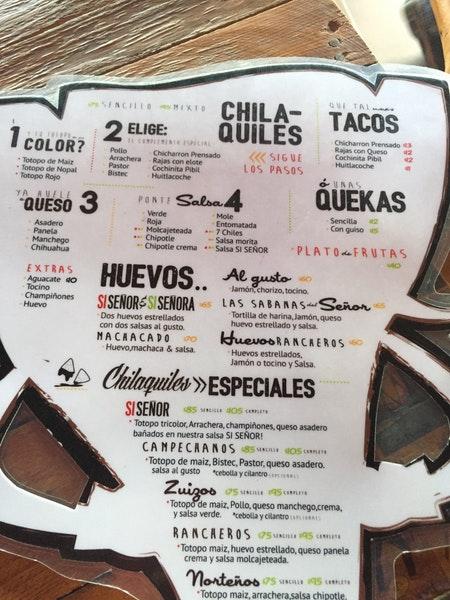 Menu at Si Señor restaurant, Saltillo, Paseo de los Delfines