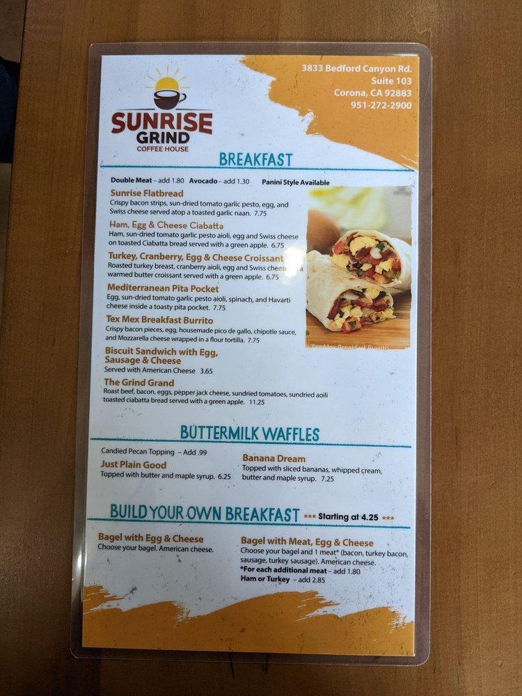 Menu at Sunrise Grind restaurant, Corona, Bedford Canyon Rd STE 103