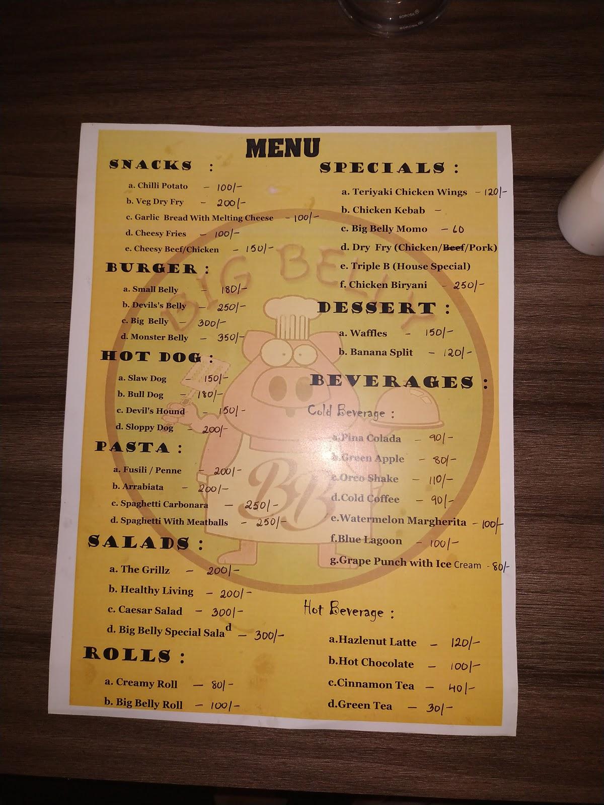 Menu at Big Belly Restaurant, Aizawl