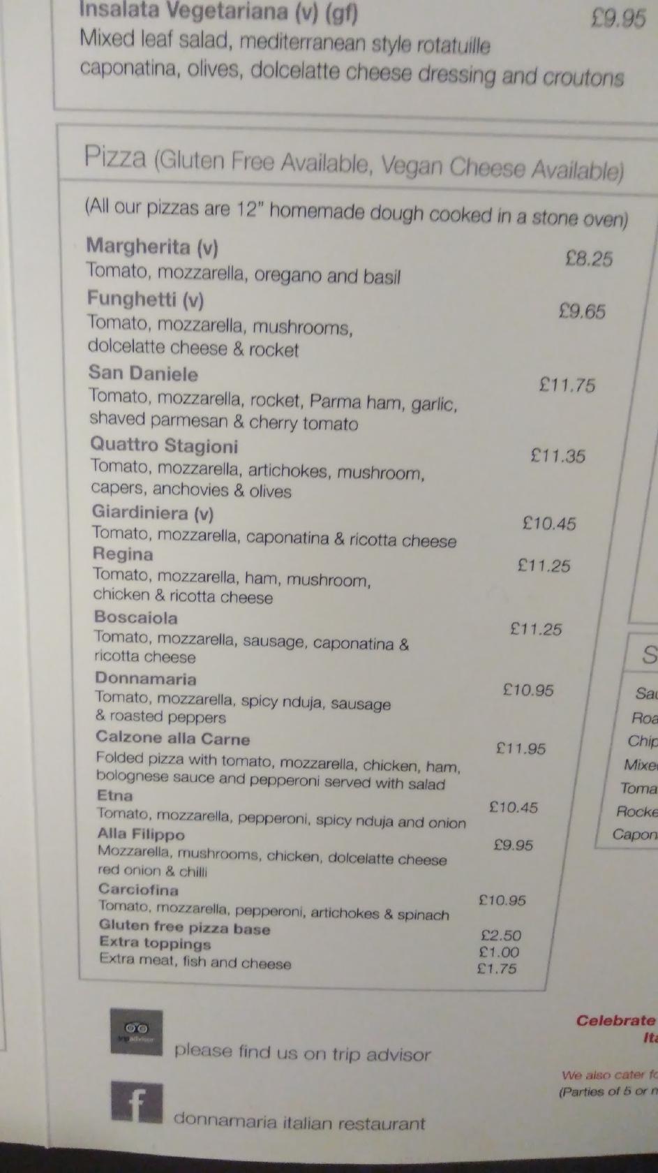 Menu at Donna Maria restaurant, Crowborough