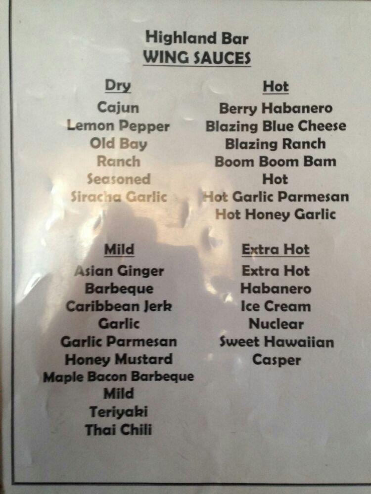 Menu at Highland Bar, Pittsburgh