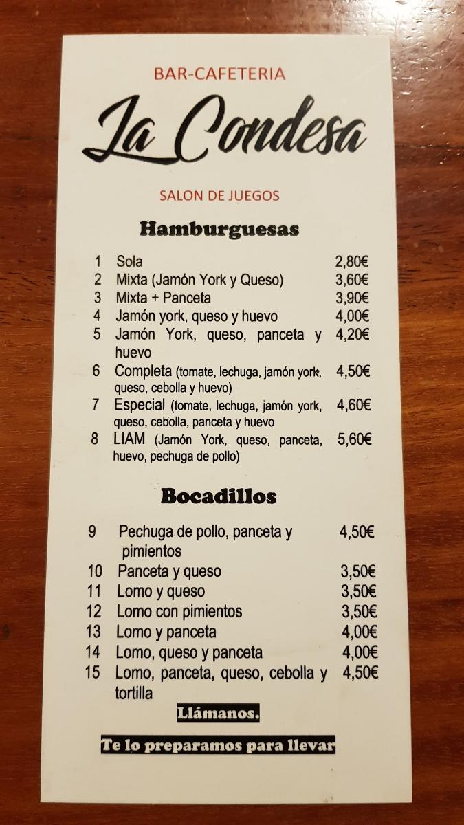 Menu at La Condesa pub & bar, Los Corrales de Buelna