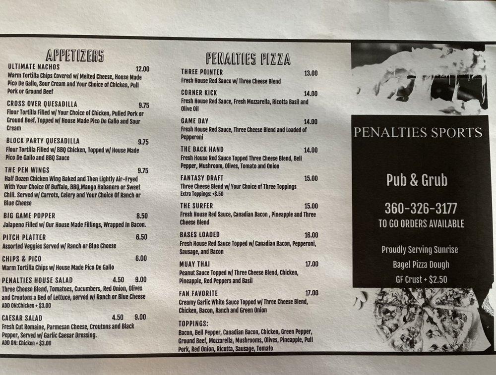 Menu at Penalties Sports Pub, Vancouver