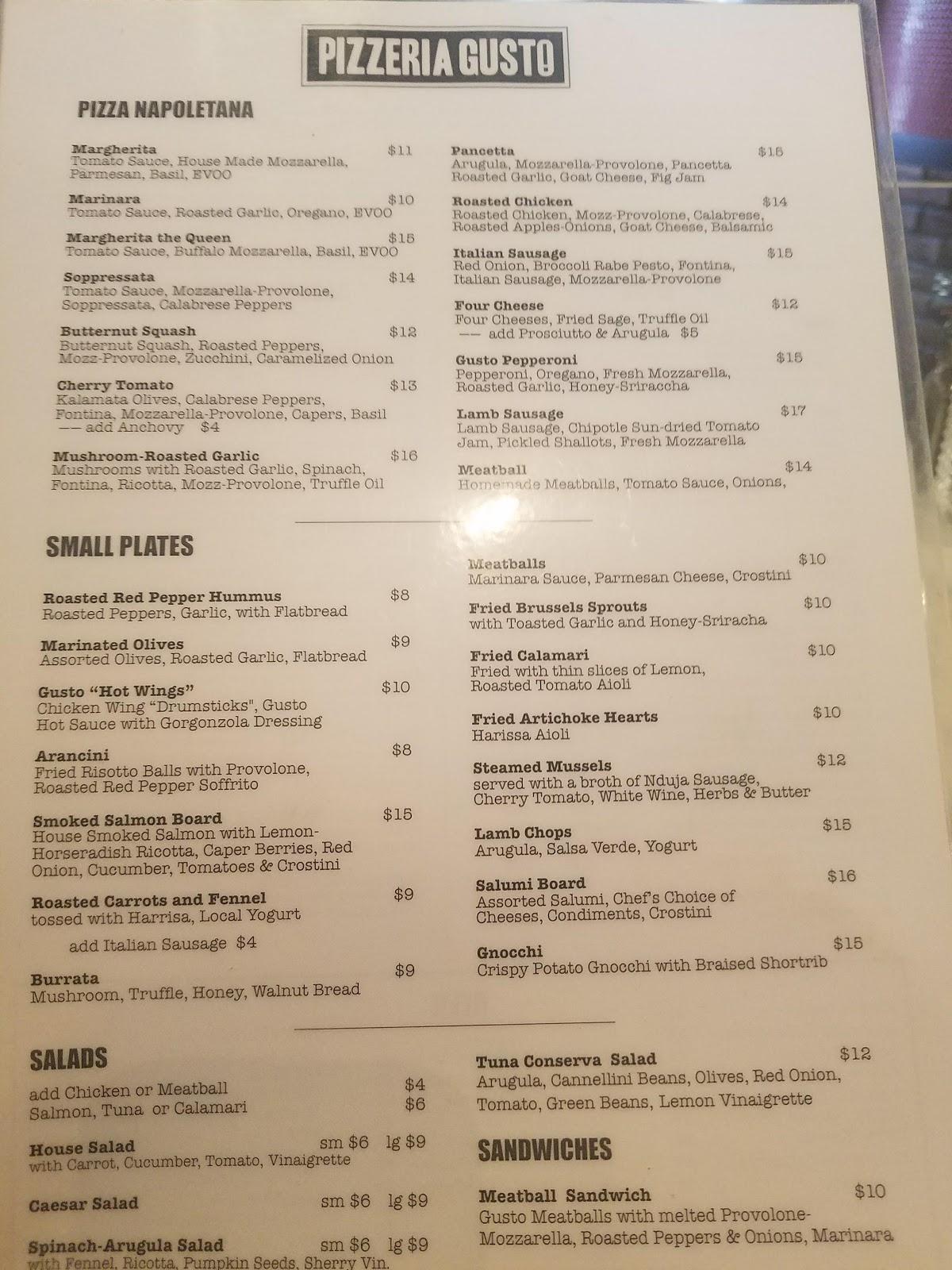 Menu at Pizzeria Gusto, Oklahoma City, N Walker Ave