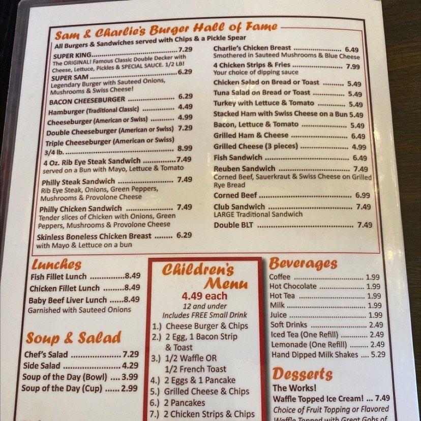 Menu at Sam & Charlie's White Hut Diner restaurant, Toledo