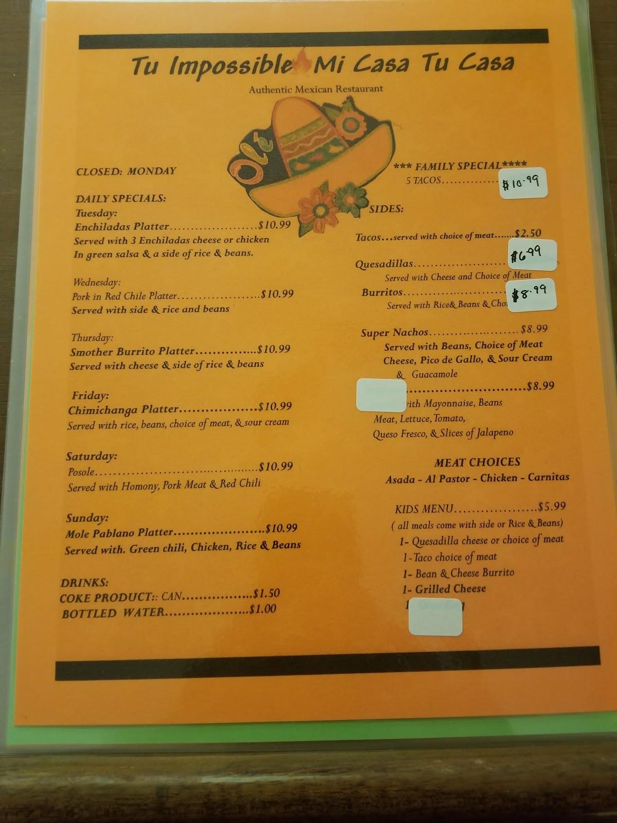 Menu at Tu Impossible Mi Casa Tu Casa restaurant, Dinosaur