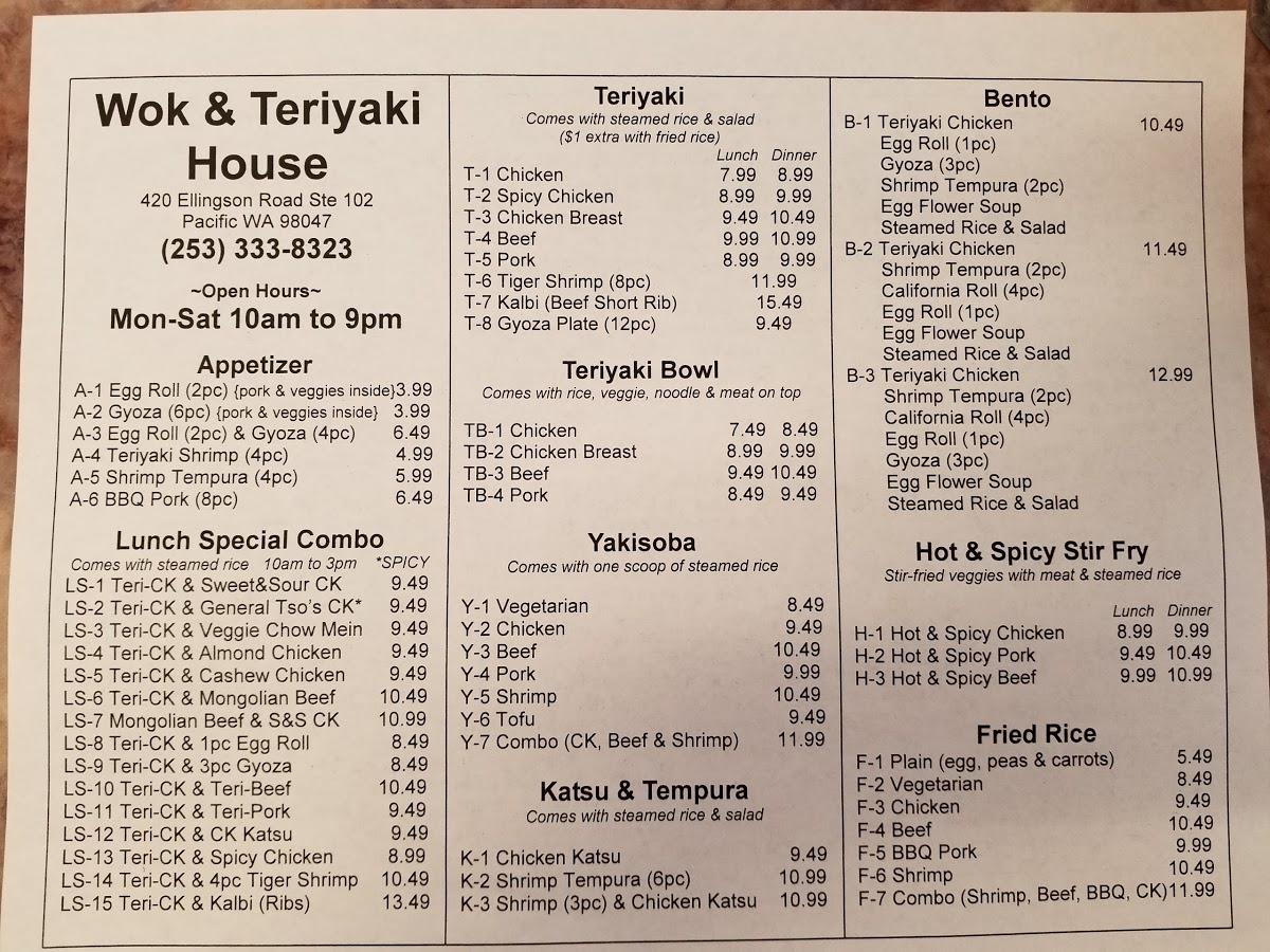 Menu at Wok & Teriyaki restaurant, Pacific, 420 Ellingson Rd Ste 102