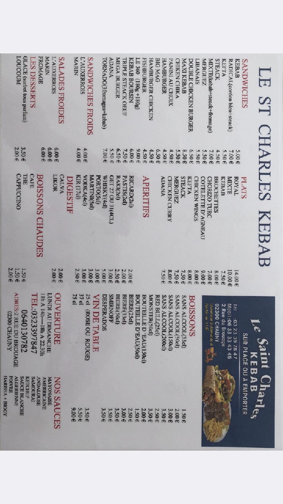 Menu at Le Saint Charles Kebab, Chauny