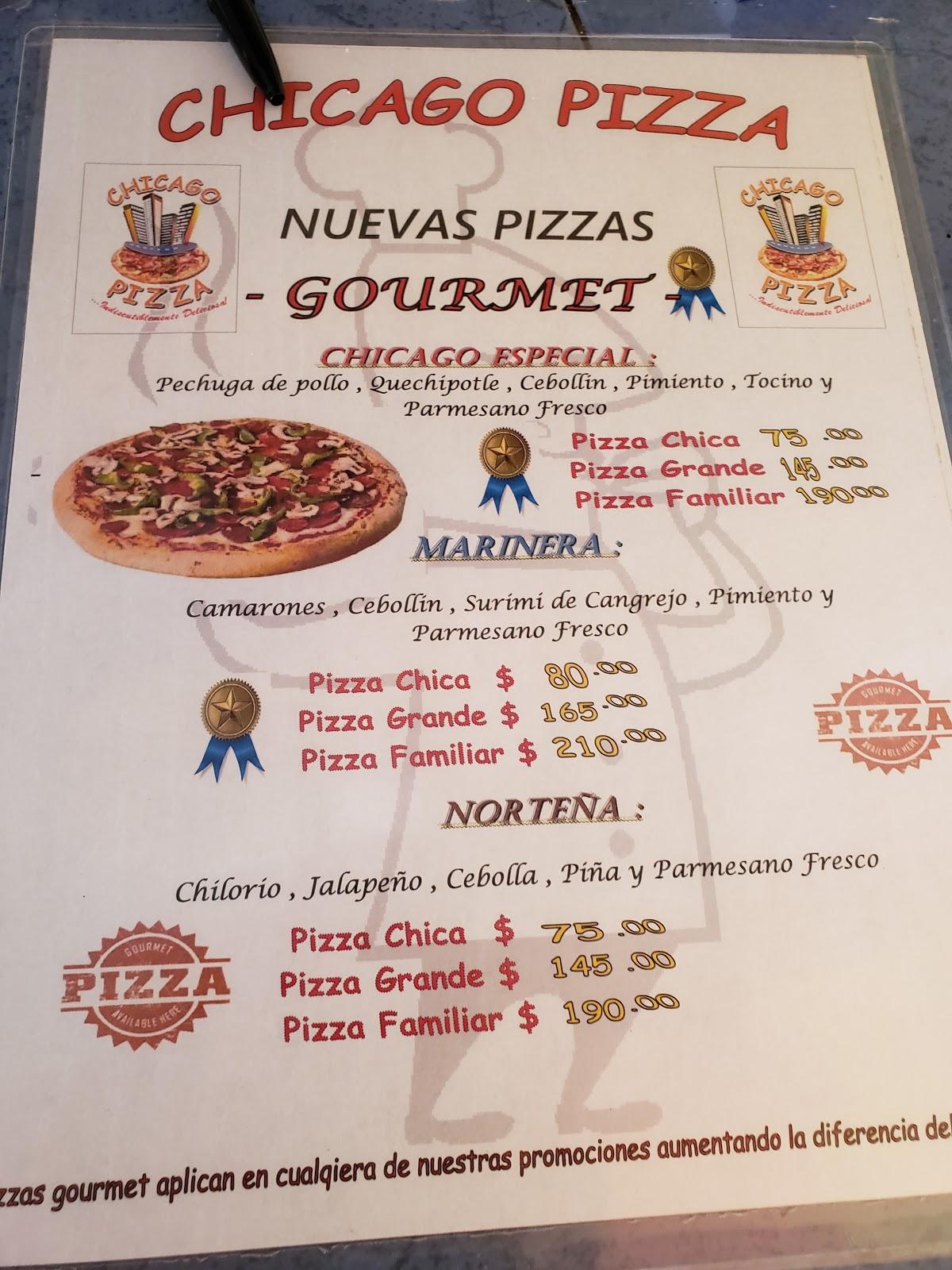 Menu at Chicago Pizza restaurant, Morelia