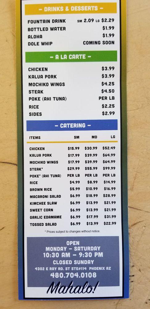 Menu at Moku Hawaiian Grill restaurant, Phoenix