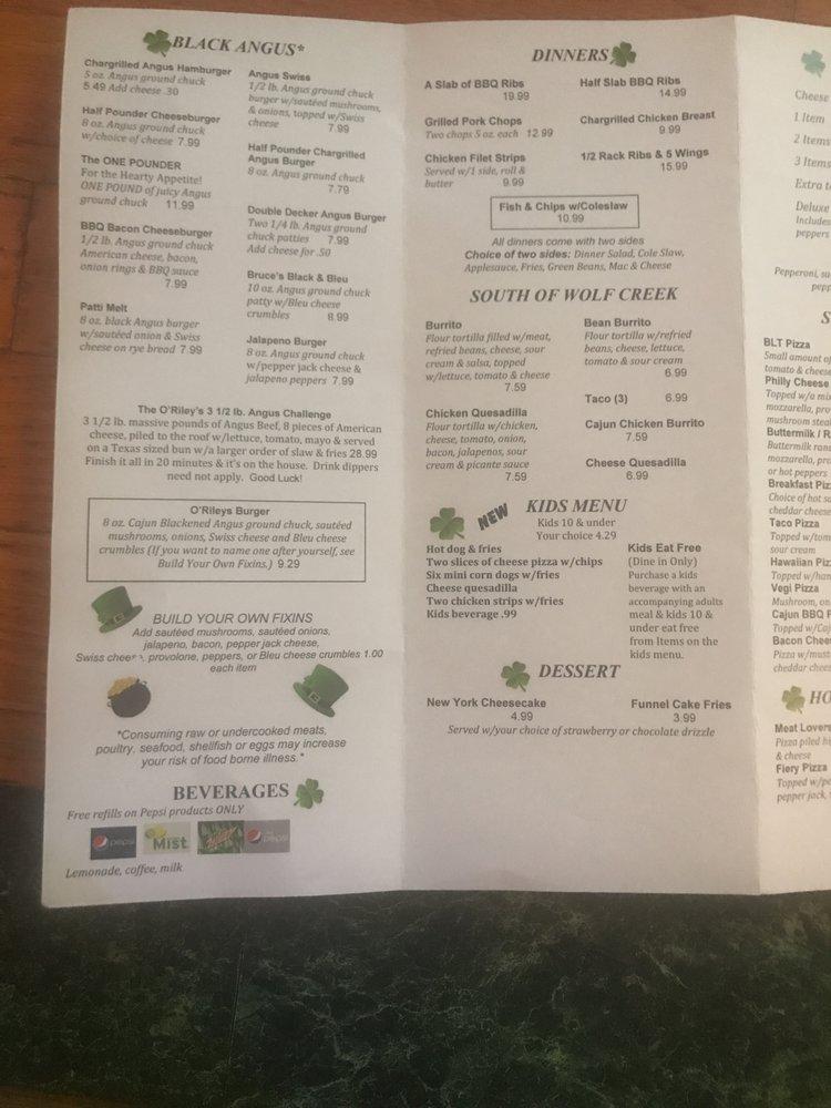 Menu at O'Riley's Tavern pub & bar, Brookville