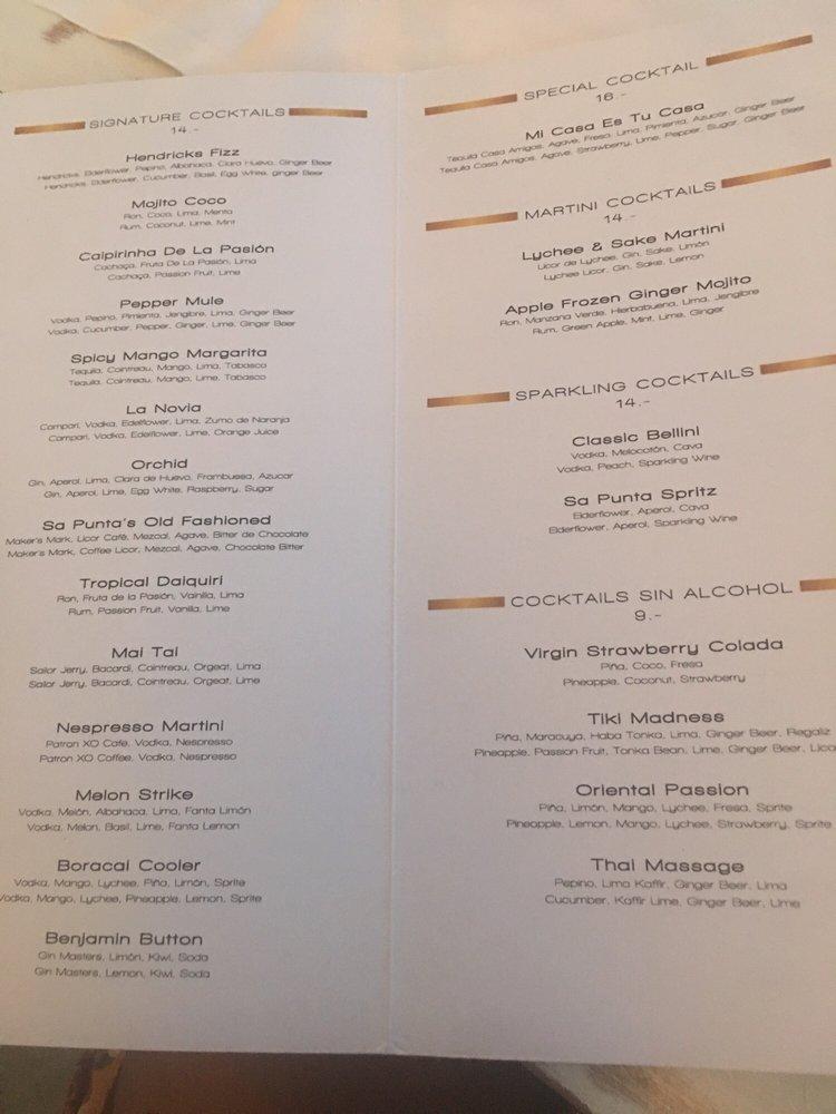 Menu at Sa Punta restaurant, Ibiza