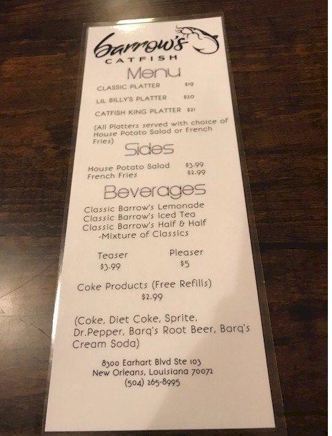 Menu at Barrow’s Catfish - Earhart, New Orleans