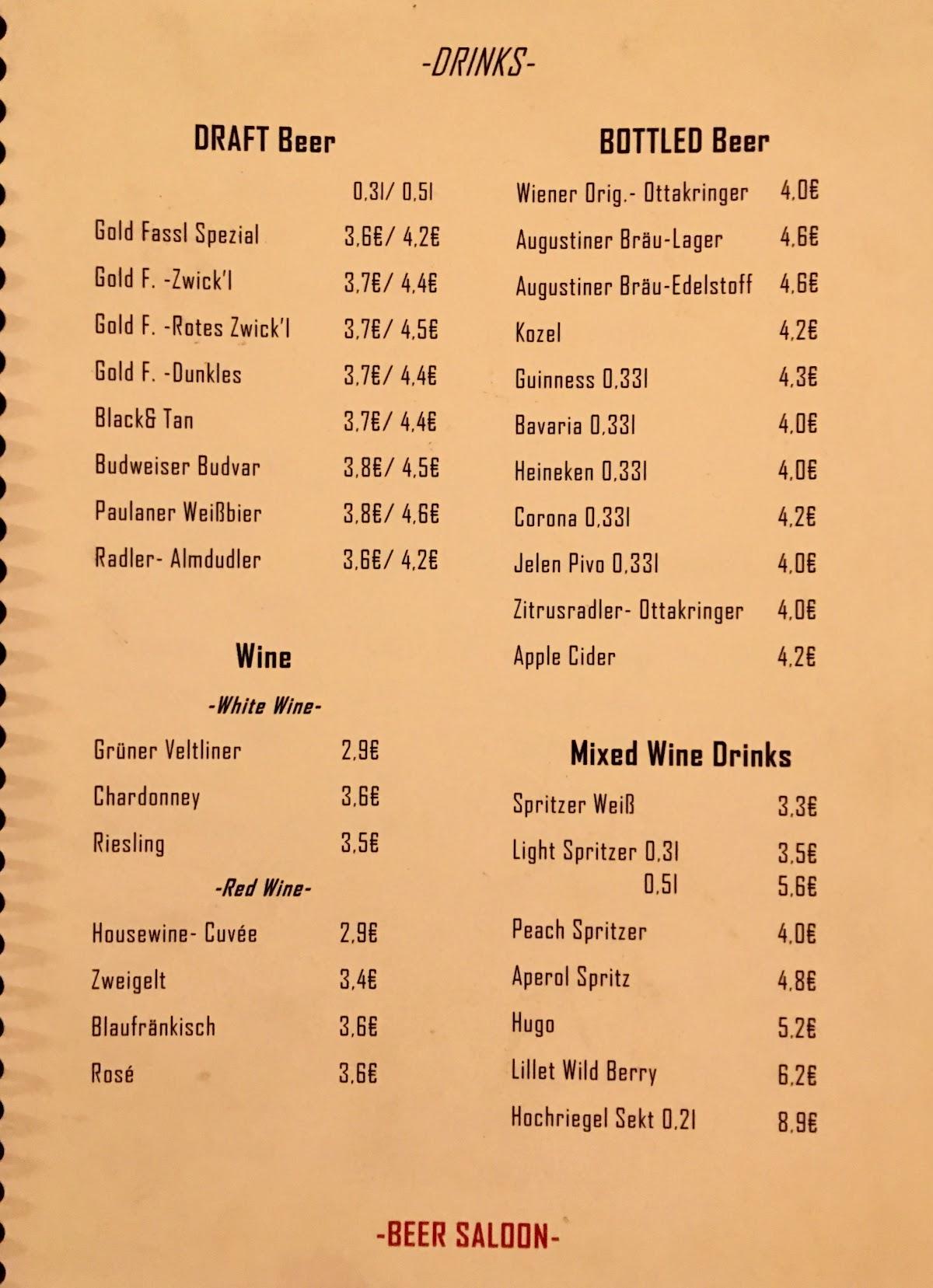 Menu at Beer Saloon pub & bar, Vienna