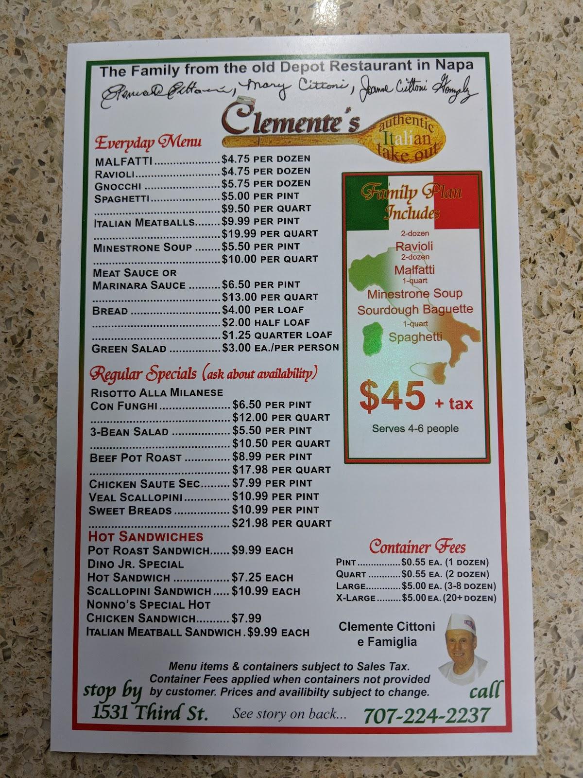 Menu at Clemente's Authentic Italian Take Out restaurant, Napa