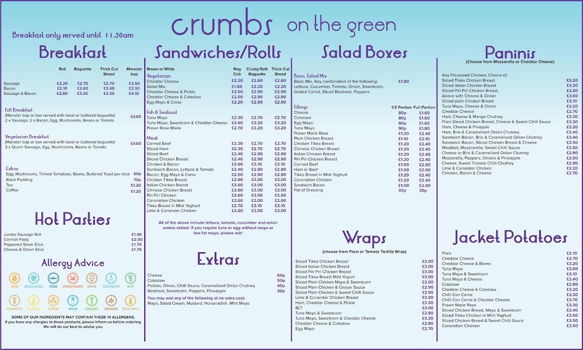 Menu at Crumbs on the Green fast food, Derby
