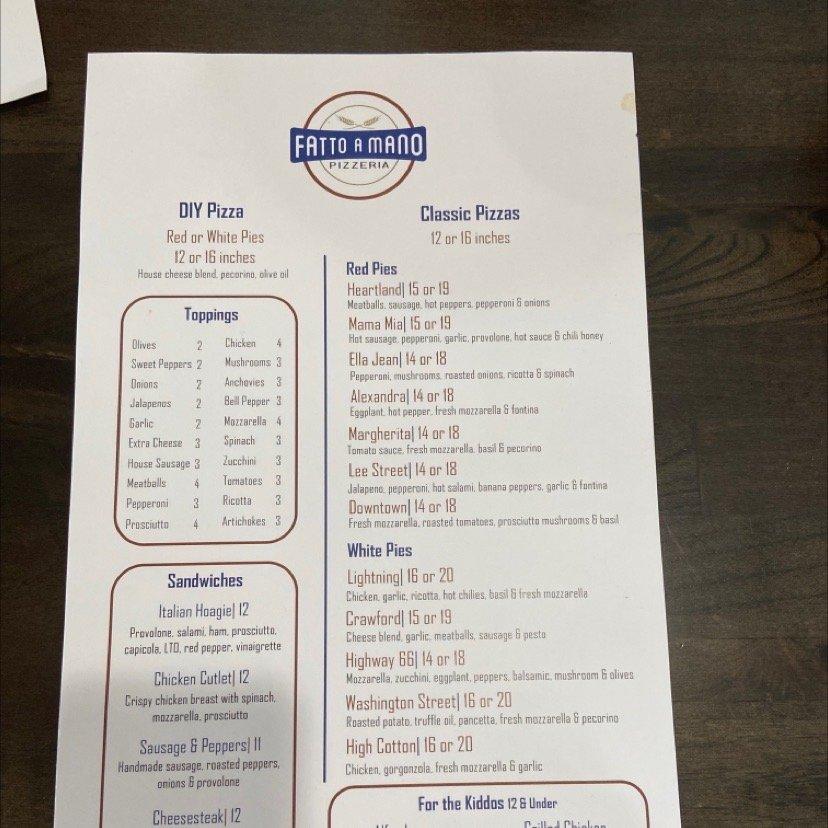 Menu at Fatto a Mano restaurant, Greenville