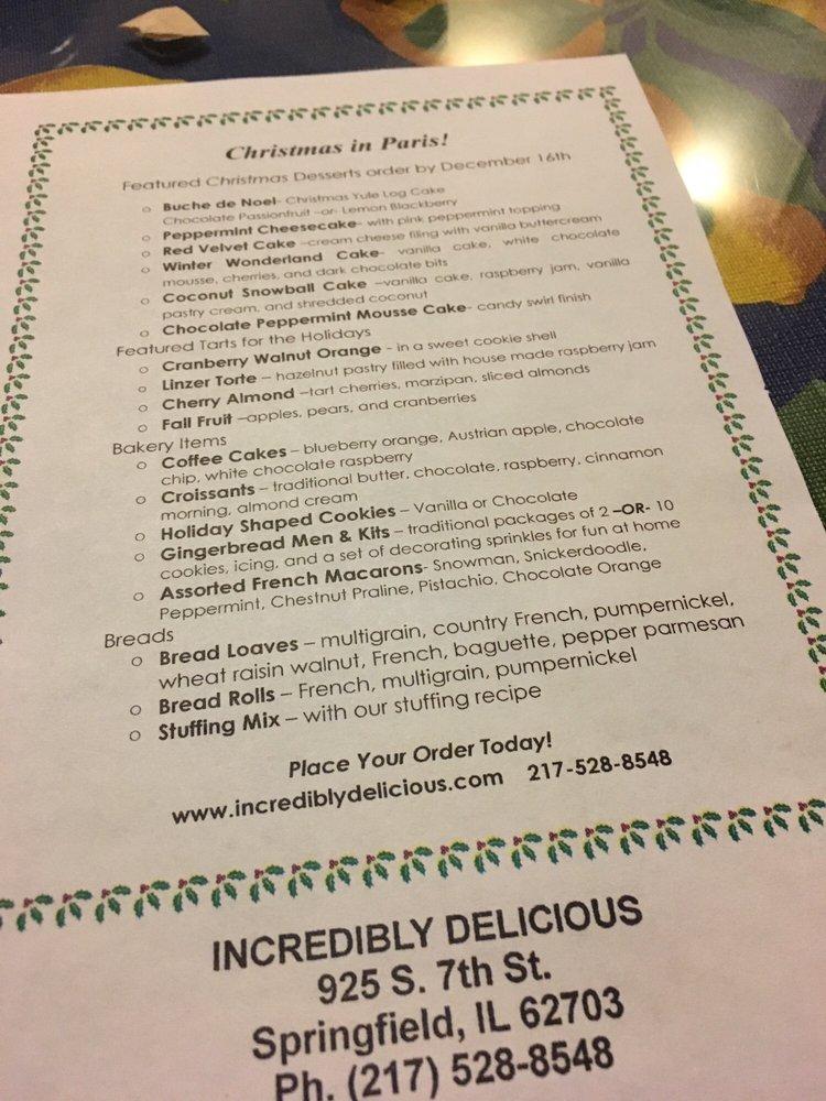 Menu at Incredibly Delicious restaurant, Springfield