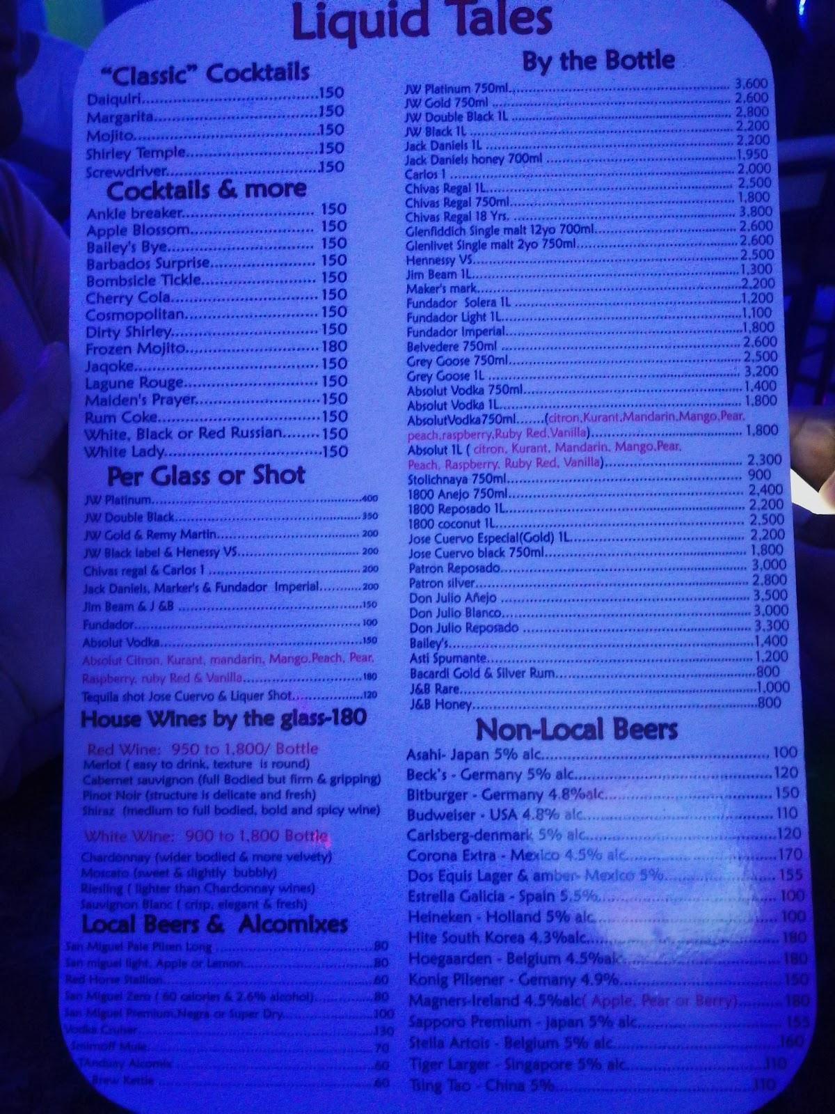 Menu at JLK Music Bar, Iloilo City, Complex