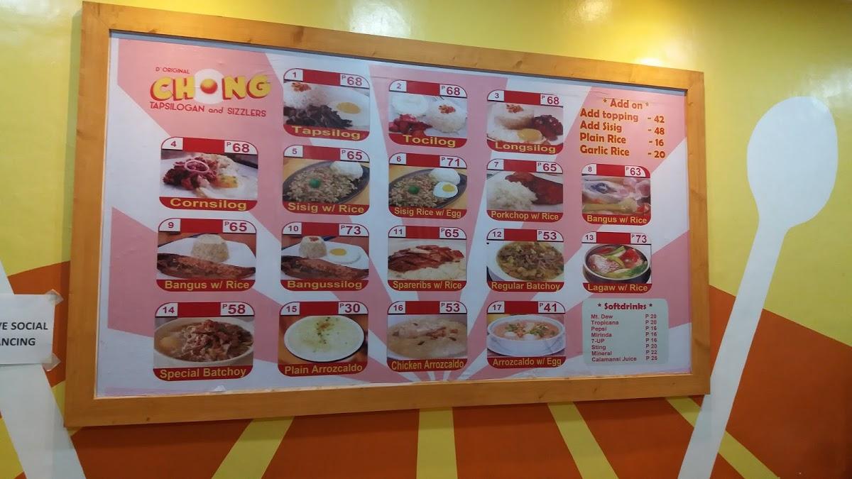 Menu at Original Chong Tapsilogan & Sizzlers restaurant, Bacolod, MX88+75F